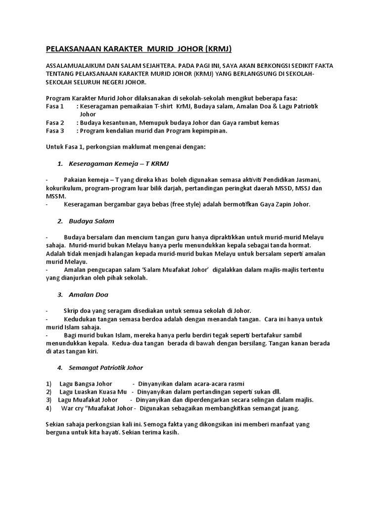 Pelaksanaan Karakter Murid Johor (KRMJ) | PDF