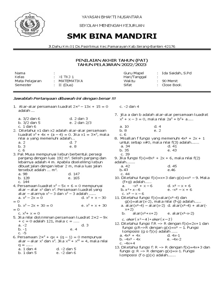 Soal Pat MTK Kelas Xi | PDF
