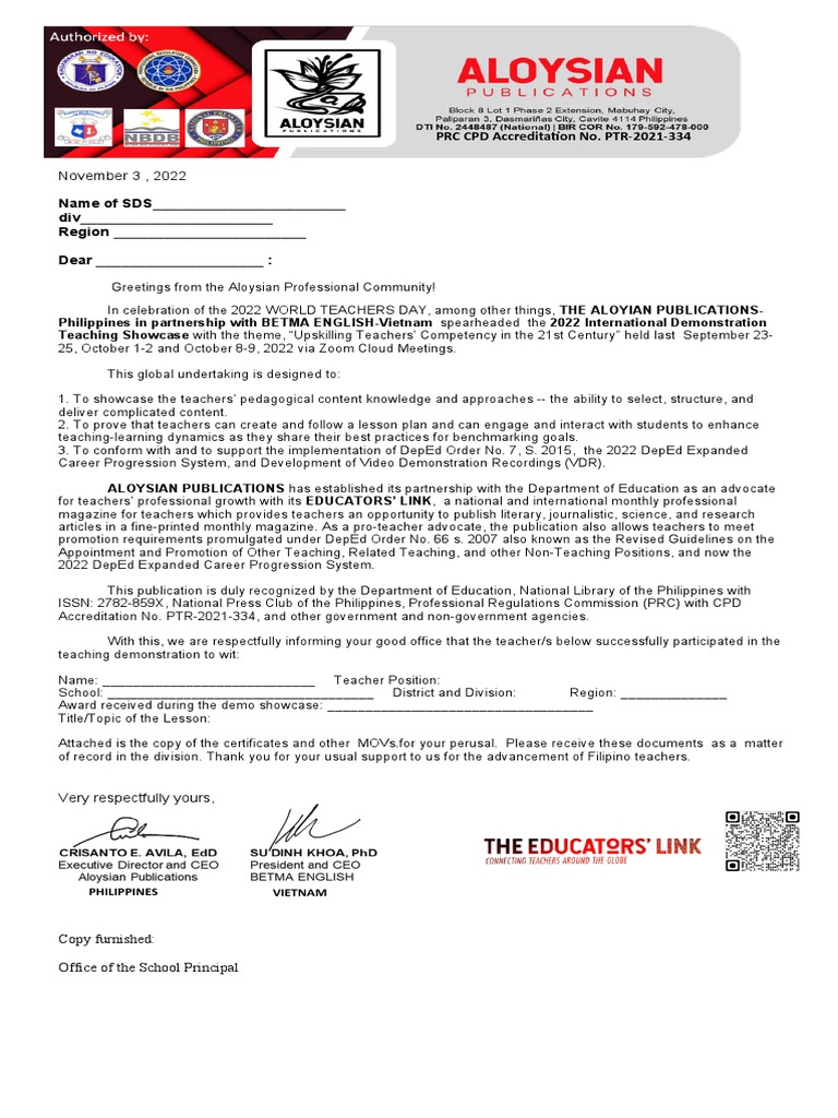 Letter Informing SDO For Successful Demo Teaching Partcipation | PDF ...