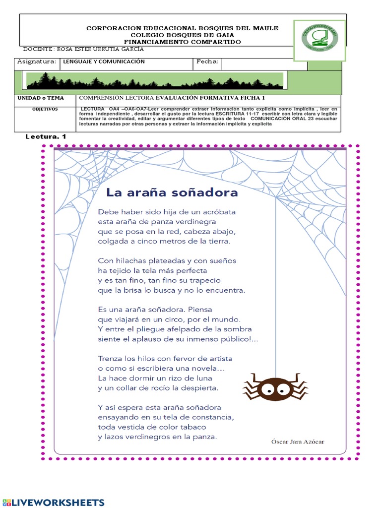Evaluación de Comprensión Lectora: Araña | PDF | Pinturas | Escritura