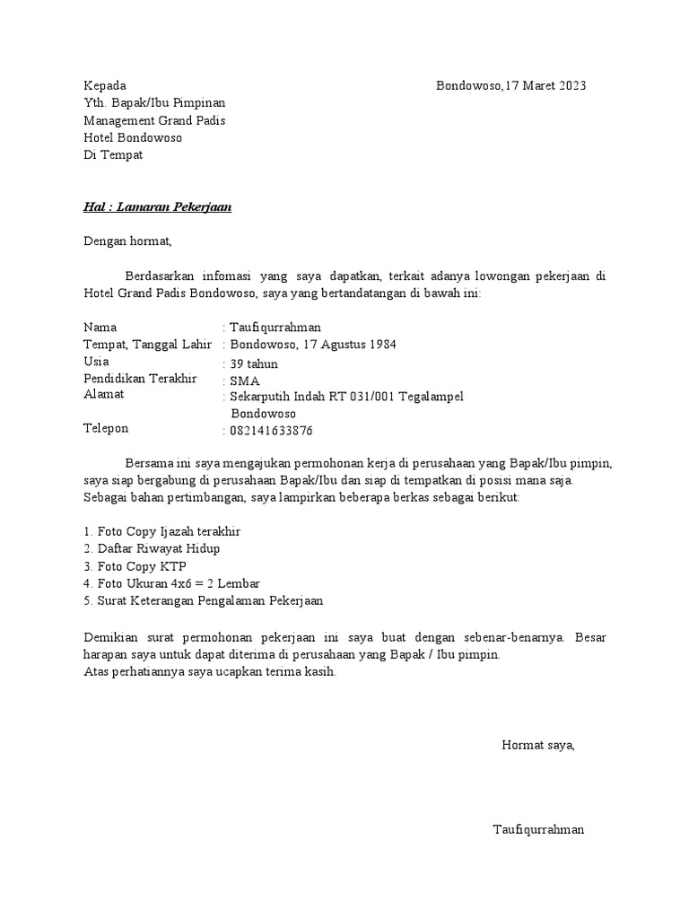 Contoh Surat Lamaran Kerja - Compress | PDF