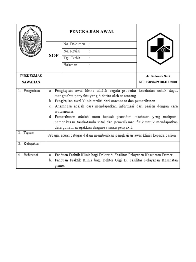 Sop Pengkajian Awal Medis | PDF | Kesehatan Holistik | Sains & Matematika