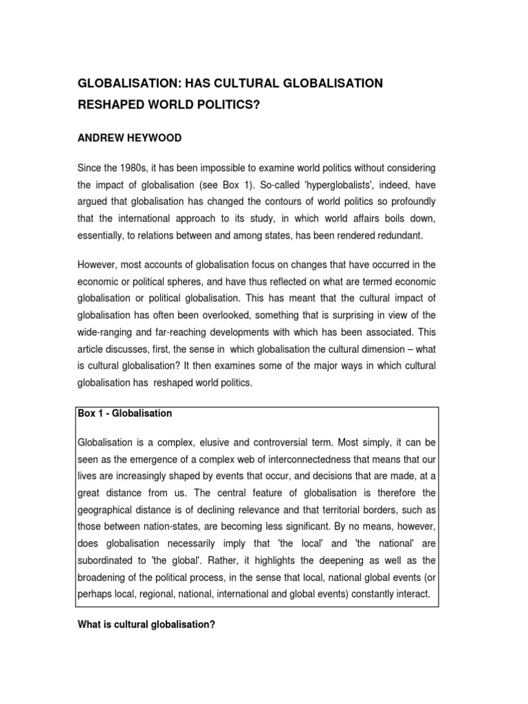 Globalisation - Has Cultural Globalisation Reshaped World Politics | PDF | Consumerism ...