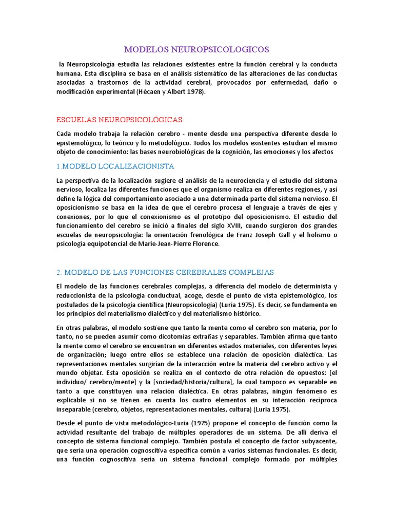 Modelos Neuropsicologicos | PDF | Mente | Cerebro