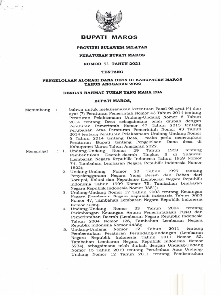 Perbup No 53 Tahun 2021 ttg Pengelolaan ADD 2022 | PDF