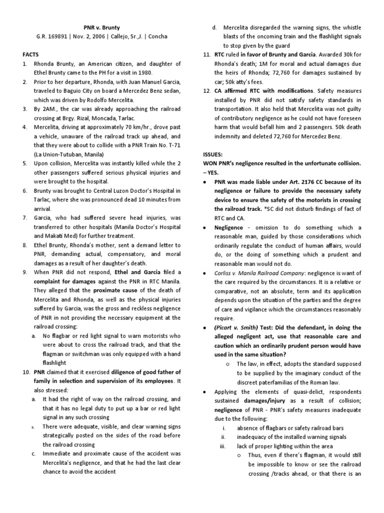 PNR V Brunty | PDF | Negligence | Contributory Negligence
