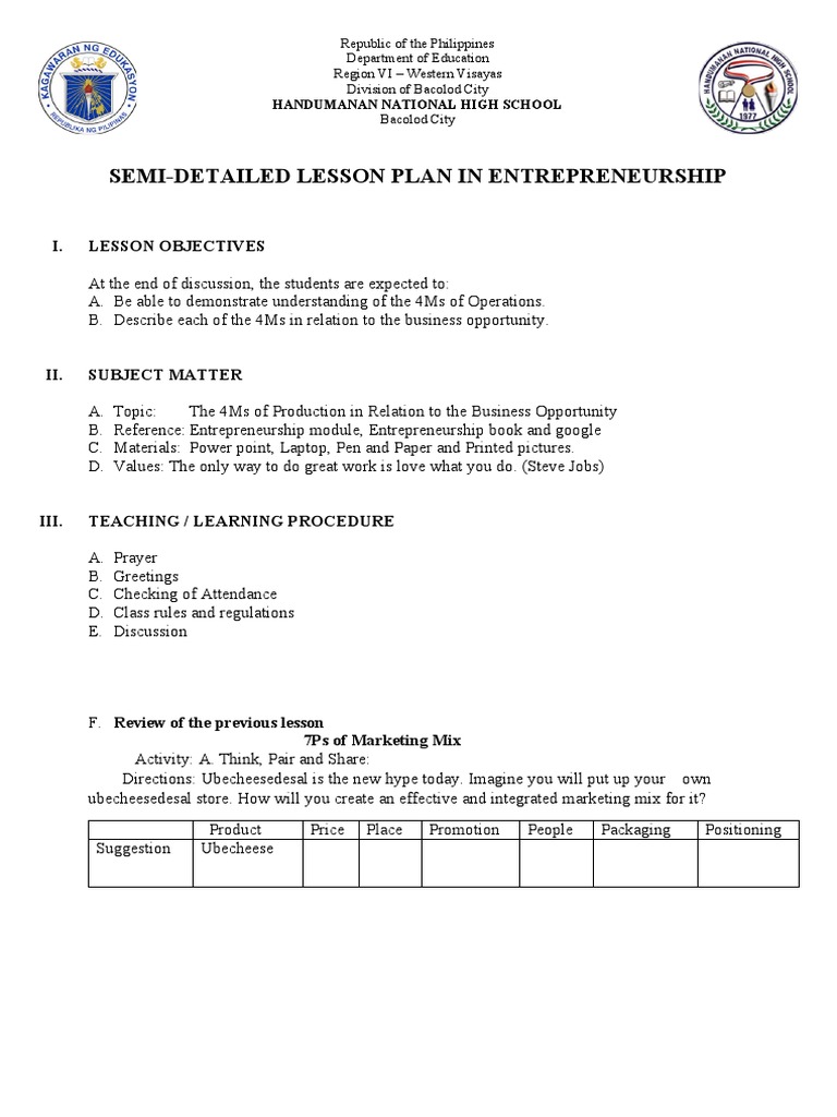 Semi Detail Lesson Plan 2023 Entrep | PDF | Factors Of Production ...