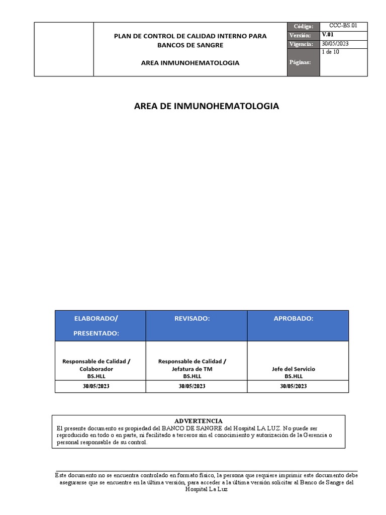 Plan de Control de Calidad en Inmunohematología Upch | PDF | Transfusión de sangre | Hospital