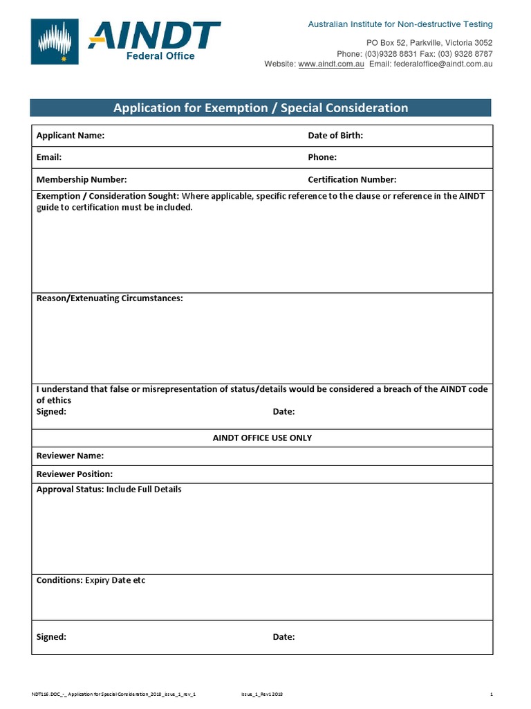 NDT116.DOC - Application For Special Consideration - 2018 - Issue - 1 - Rev - 1 | PDF