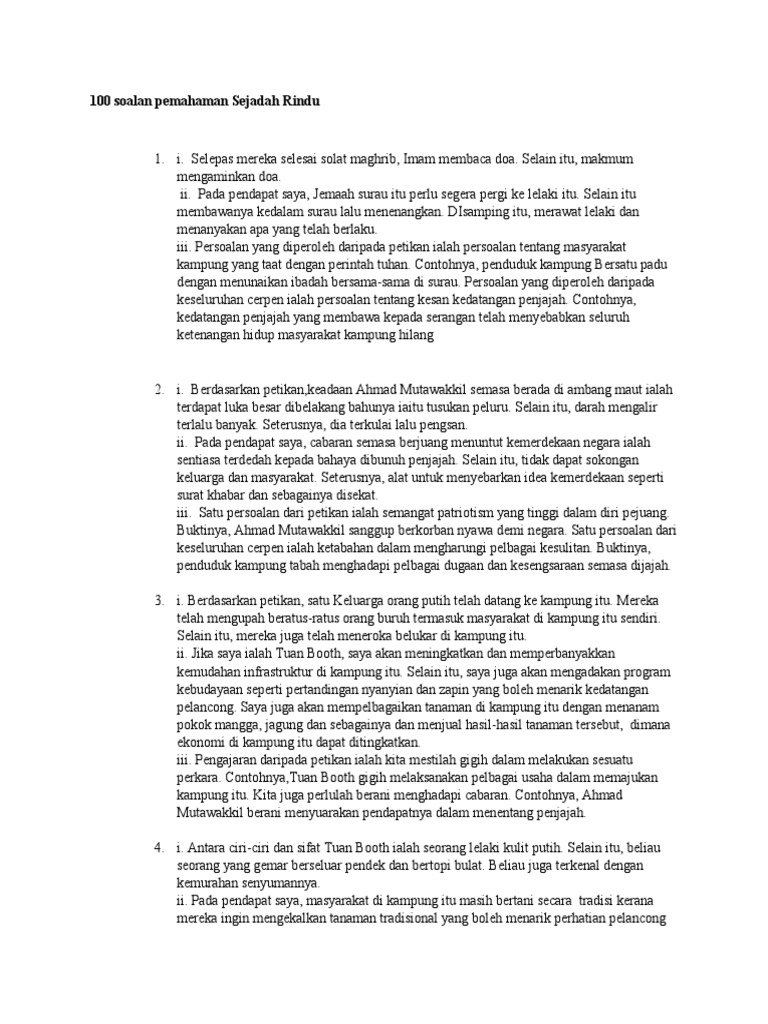 100 Soalan Pemahaman Sejadah Rindu | PDF