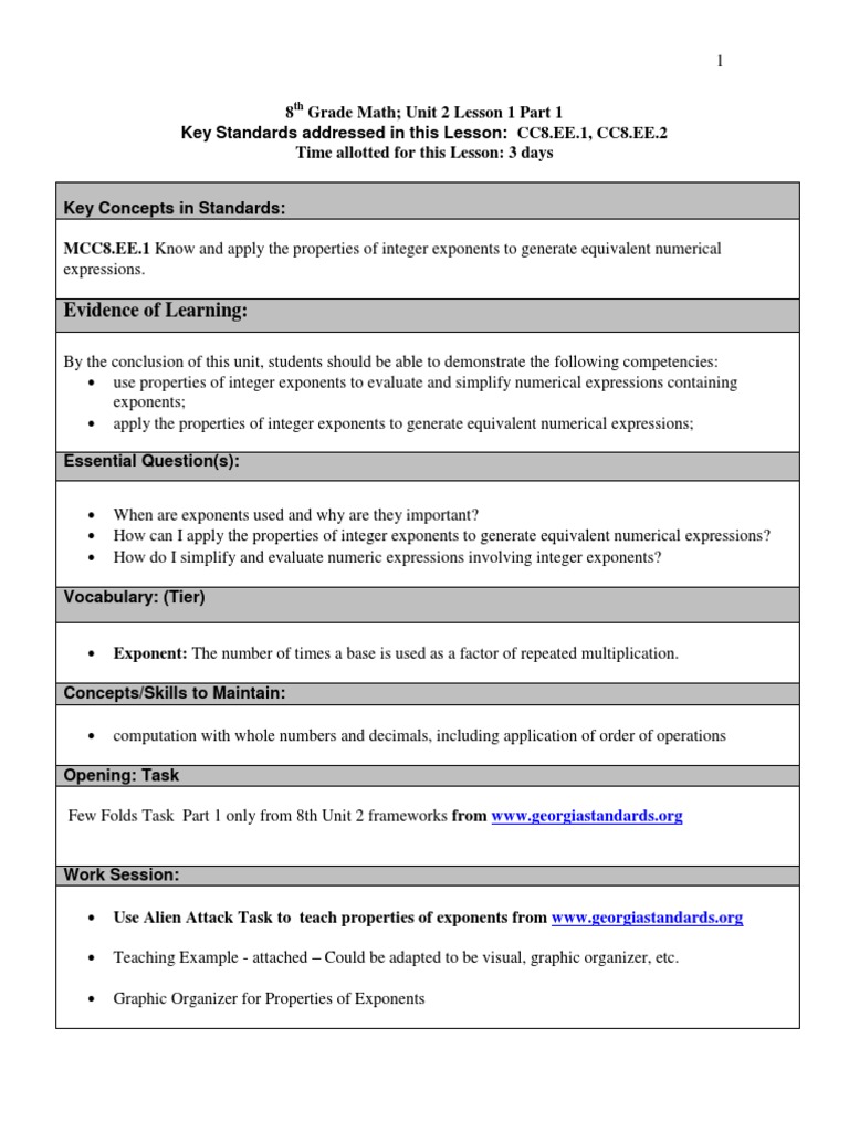 8th Grade Math Unit 2 Exponents Lesson 1 Part 1 8.EE.1 | PDF ...
