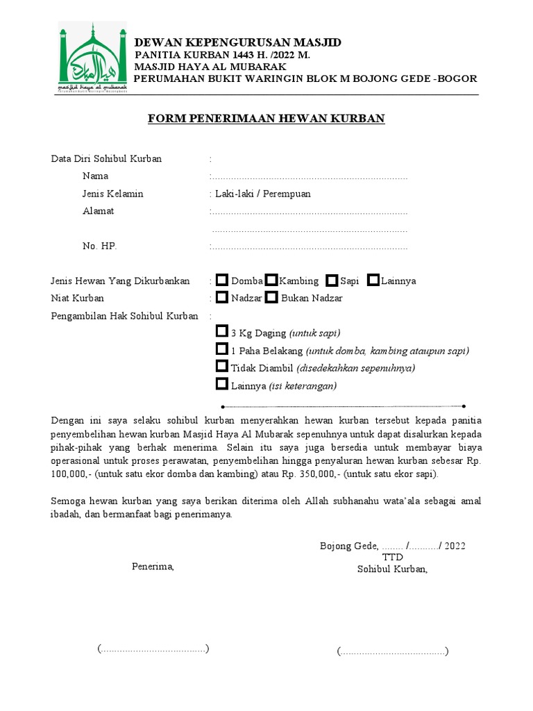 Form Penerimaan Hewan Kurban 2023 | PDF