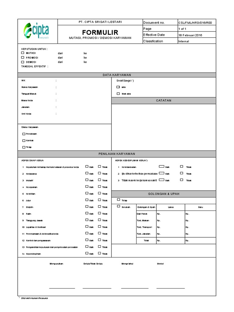 Fml-hrd-016 Form Mutasi, Promosi, Demosi | PDF