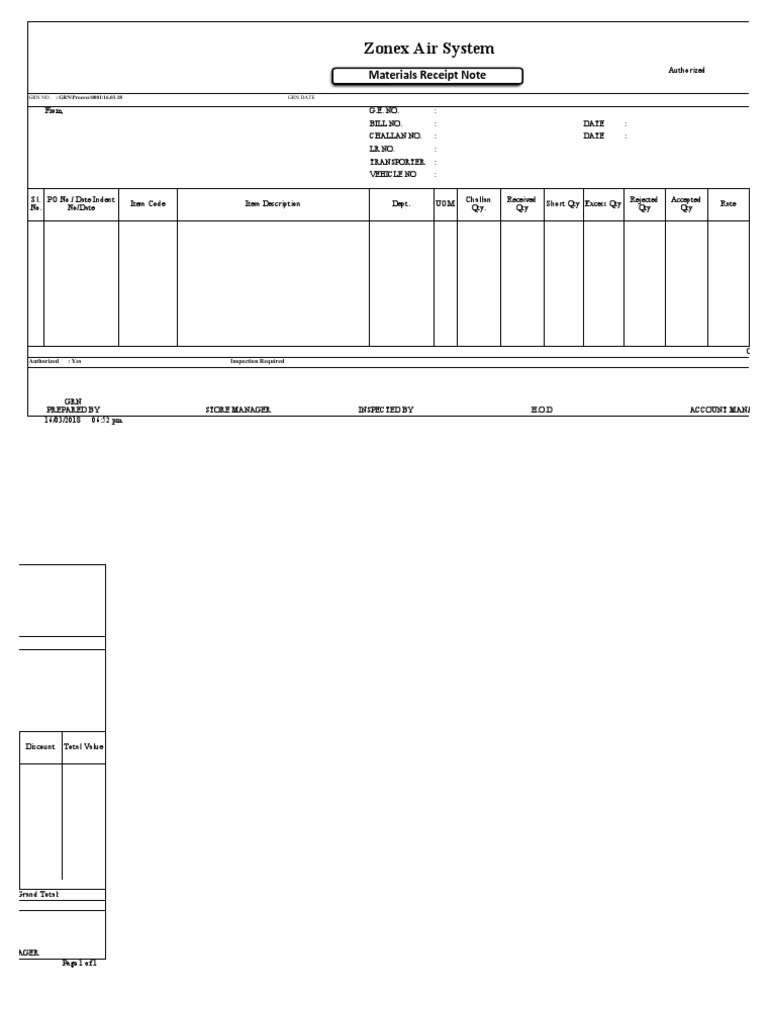 Goods Received Note Template in Excel Format | PDF