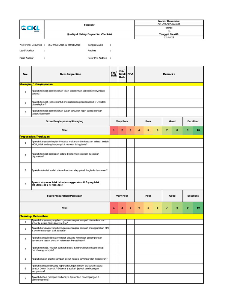 Formulir - Quality & Safety Inspection Checklist - Ckl-Fm-Ceo-Dv-059 | PDF