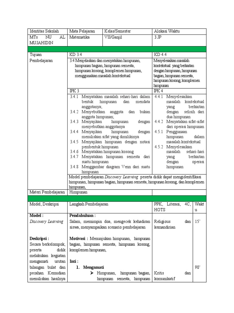 RPP Kelas Vii Materi Himpunan | PDF