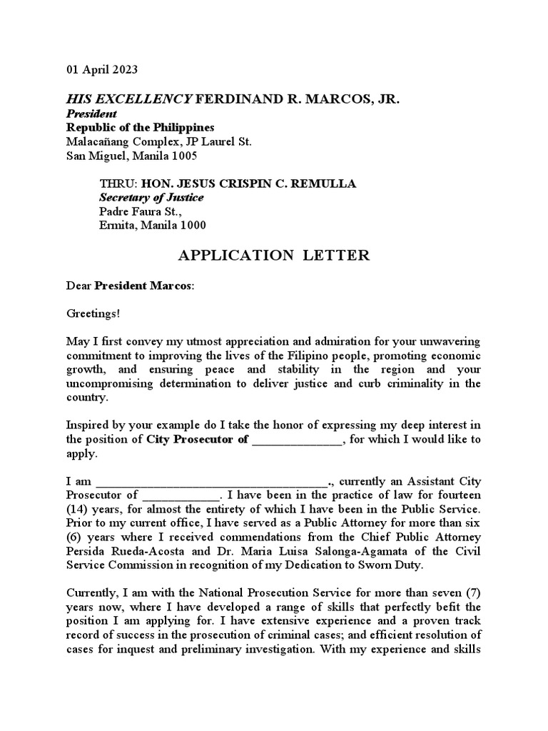 Sample Application Letter For Chief Prosecutor | PDF | Prosecutor | Justice