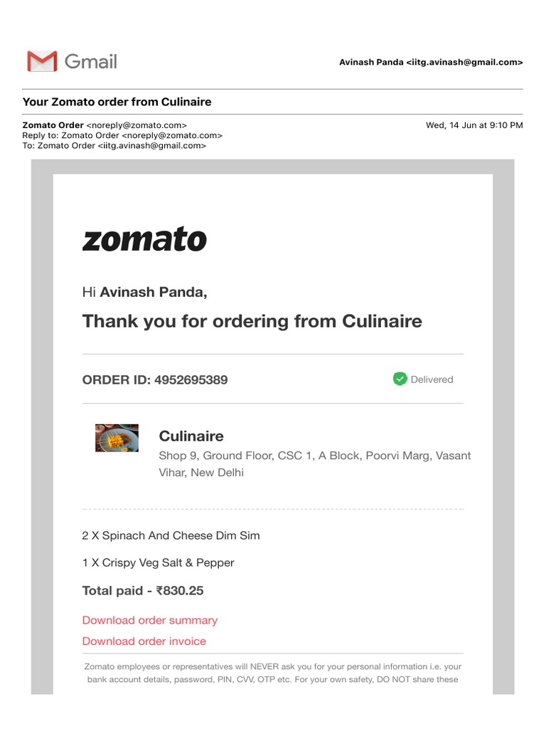 Your Zomato Order From Culinaire | PDF