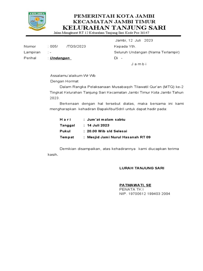 Undangan MTQ Tingkat Kelurahan 2023 | PDF