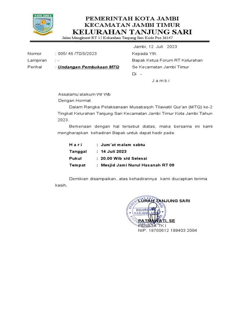 Undangan Pawai Taqruf MTQ Tingkat Kelurahan 2023 | PDF