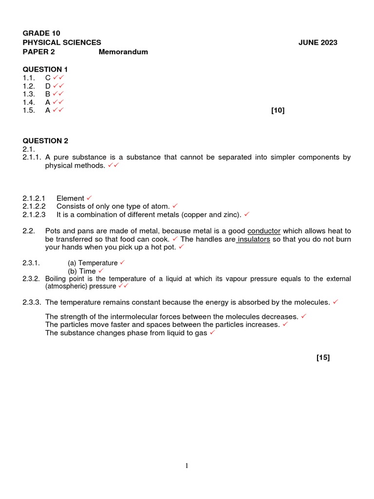 Grade 10 Physical Science June 2023 Memo | PDF | Atoms | Chemistry