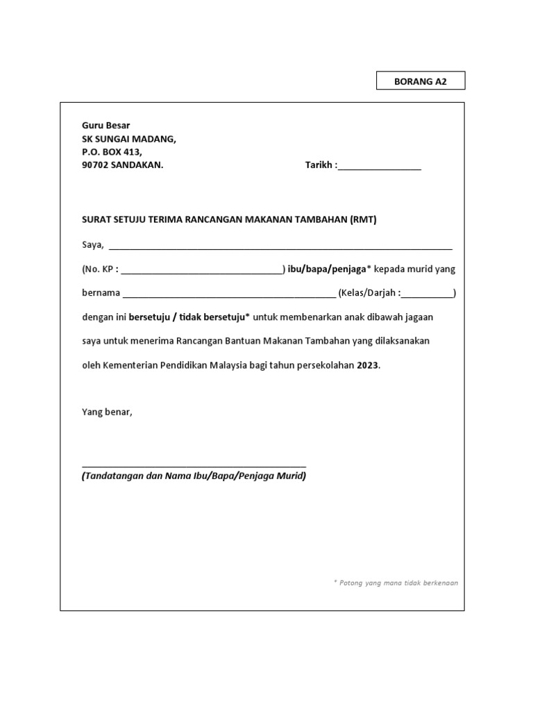 Borang Setuju Terima RMT | PDF