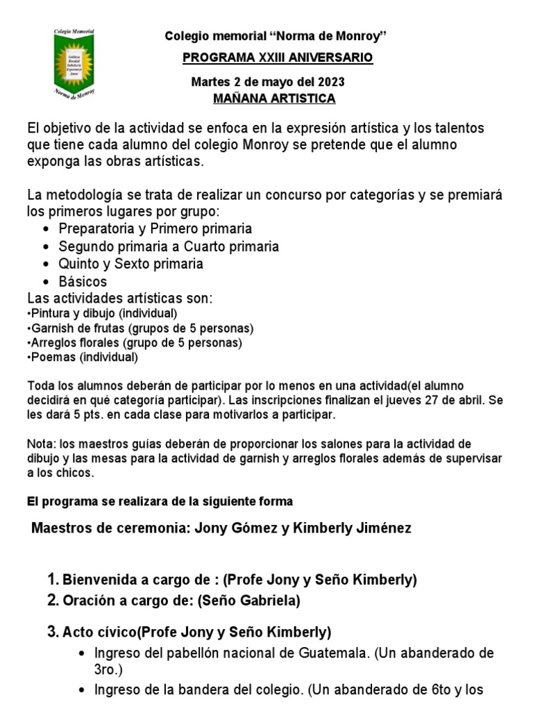 Programa de Aniversario Colegio Memorial Norma de Monroy-1 | PDF