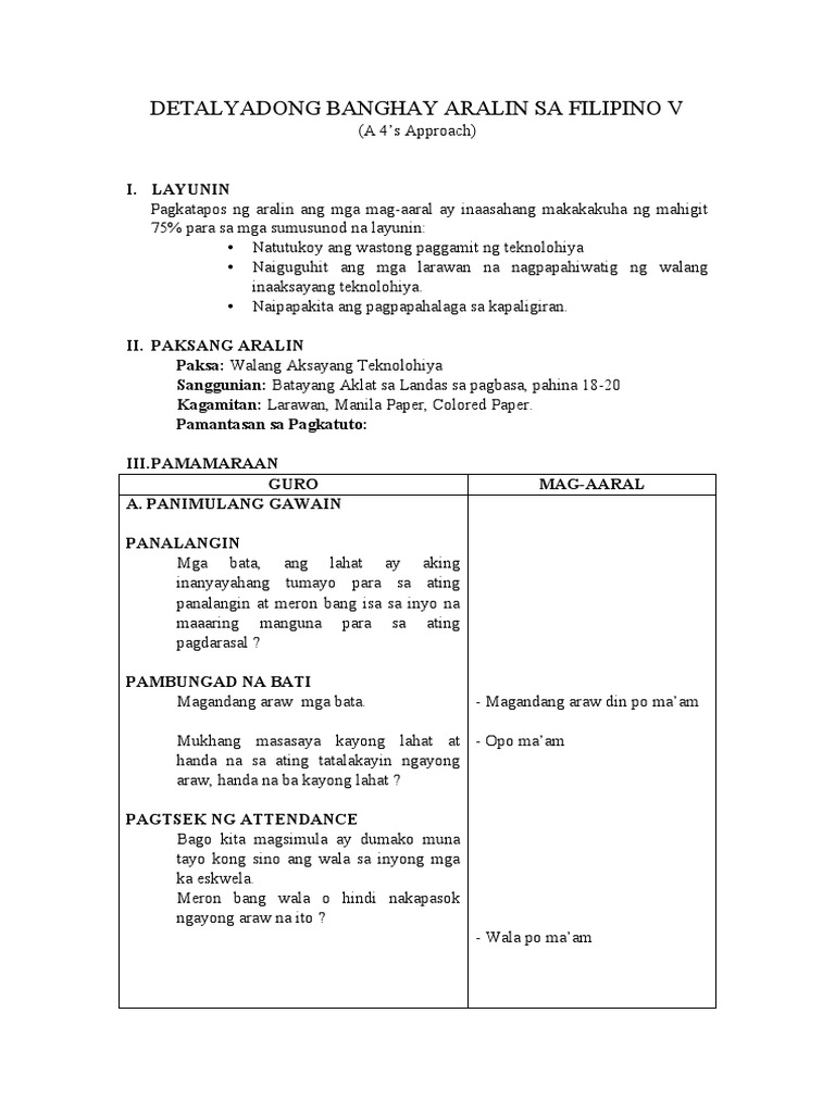 Detalyadong Banghay Aralin Sa Filipino V | PDF