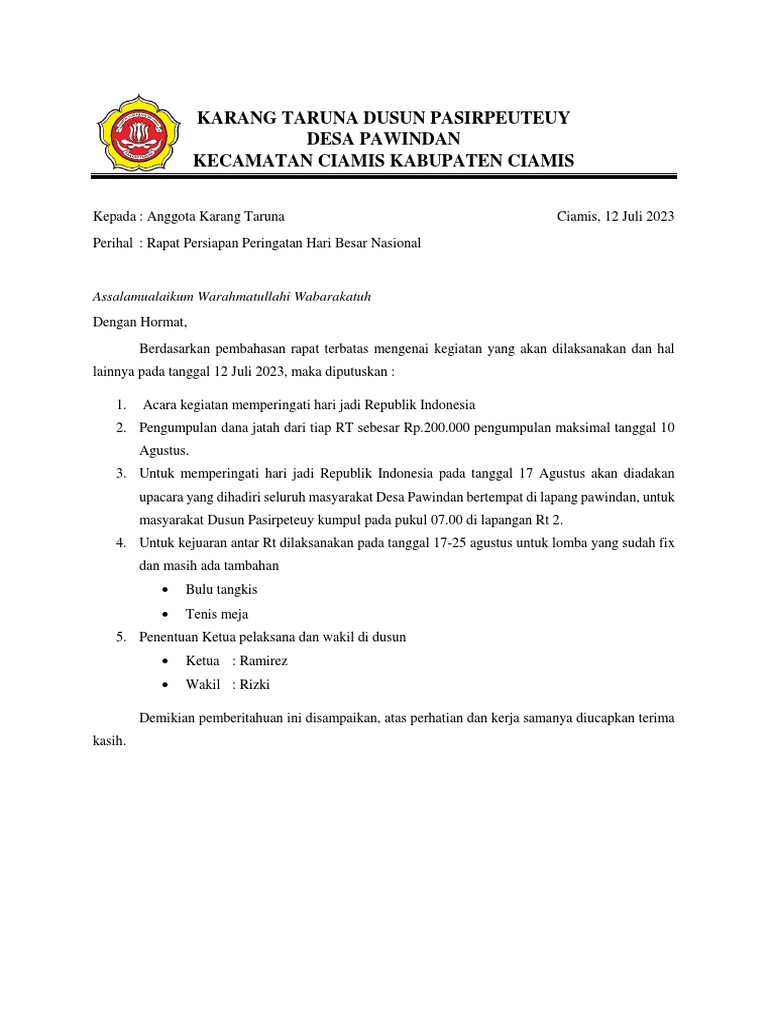 Hasil Rapat 12 Juli 2023 Karang Taruna Pasirpeteuy | PDF