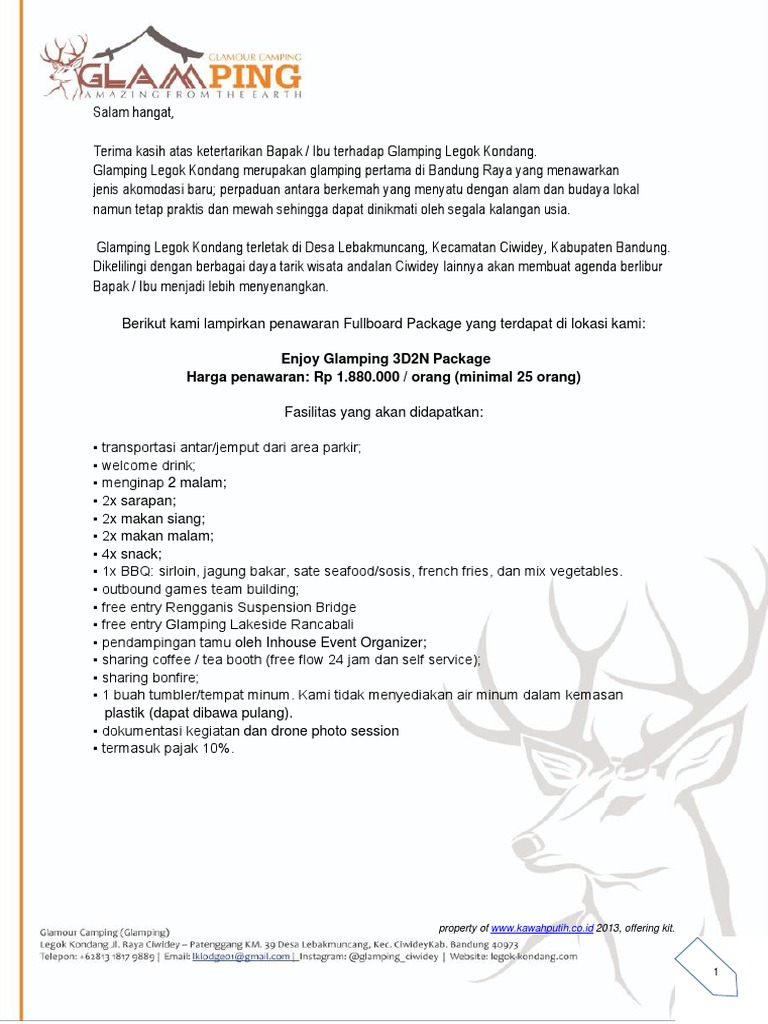 Surat Penawaran Fullboard Package Glamping Legok Kondang 3D2N.pdf NEW | PDF