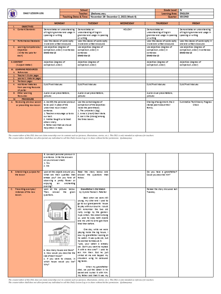 Dll English 4 Q2 W4 Adjectives Edumaymay Pdf Adjective Noun