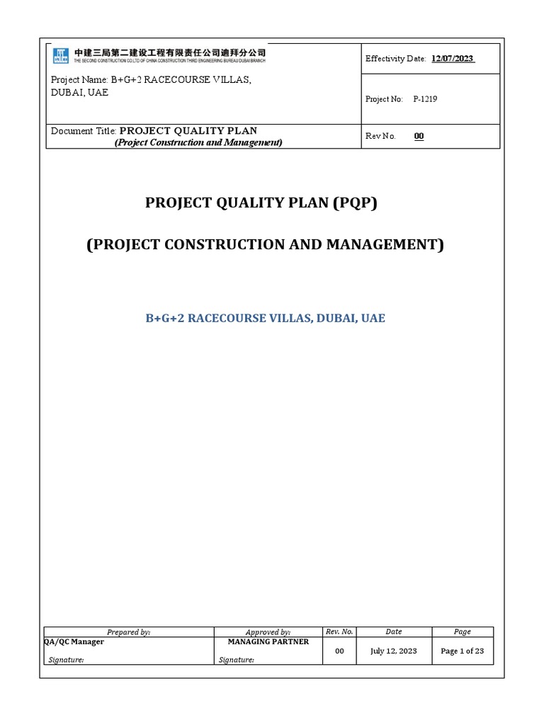 Project Quality Plan (PQP) (Project Construction and Management) | PDF ...