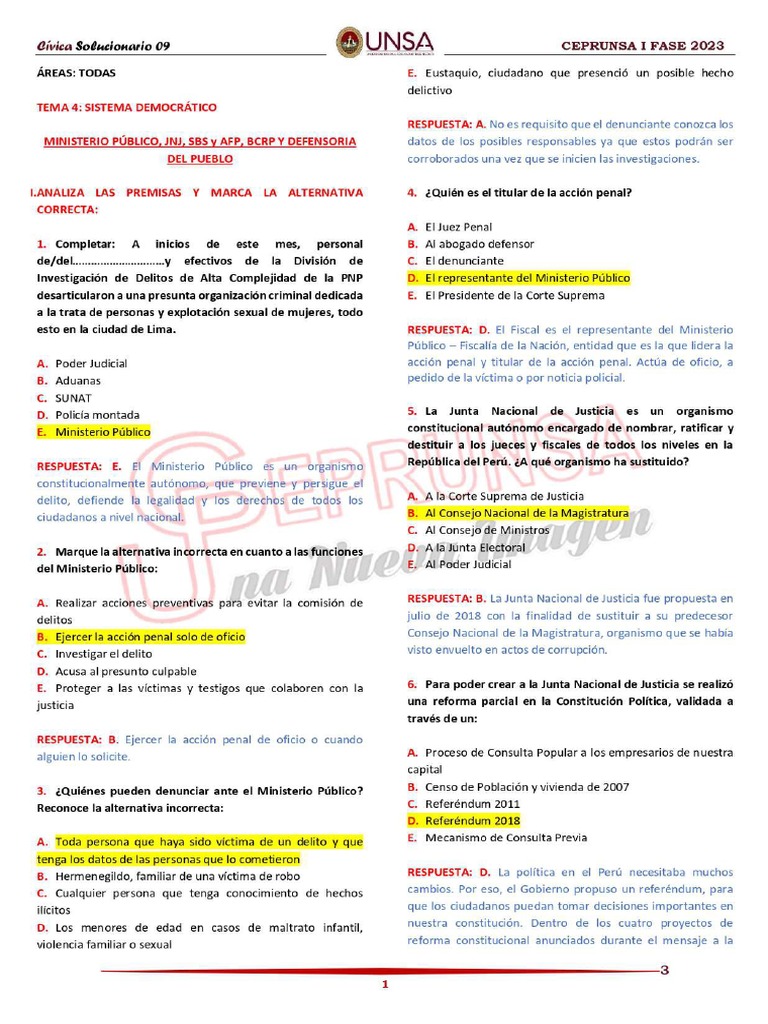 Práctica #09 Solucionario Cívica - Ceprunsa I Fase 2023 | PDF