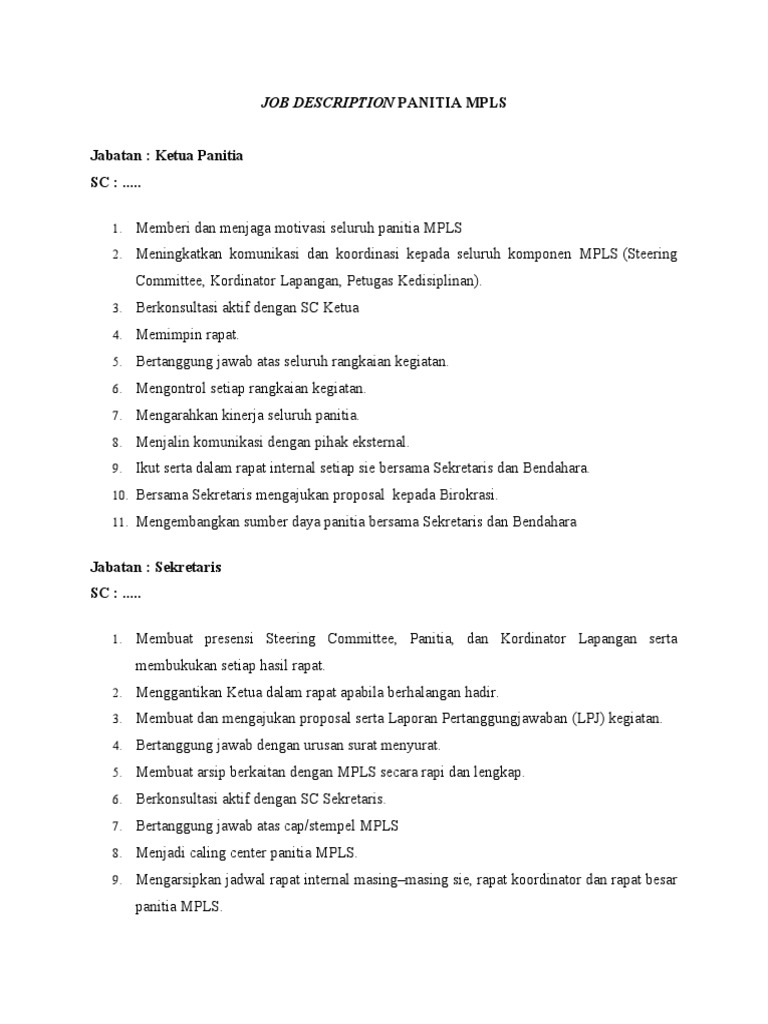 Contoh Job Description Panitia OSPEK | PDF
