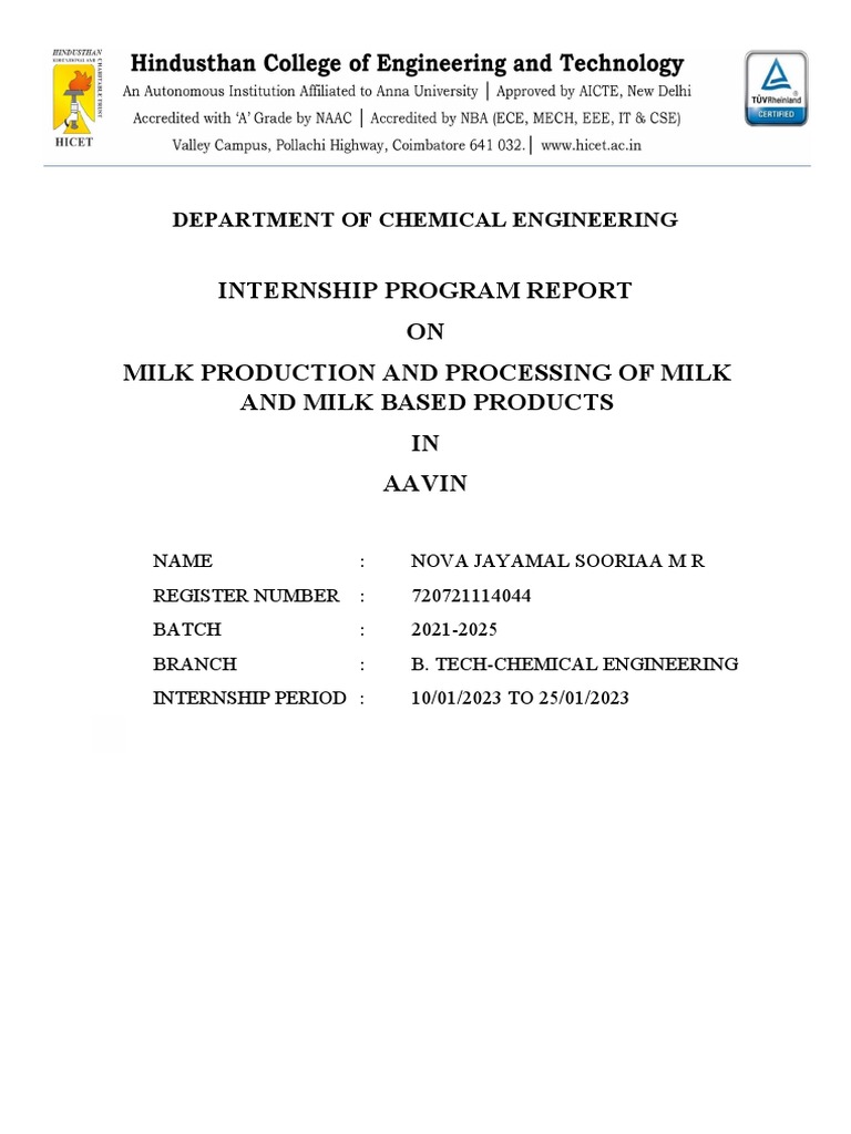 AAVIN Milk Production Internship Report | PDF | Milk | Titration