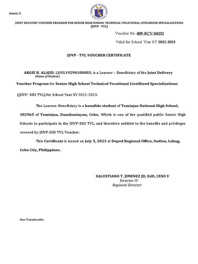 JDVP Voucher Certificates for Students | PDF | Government Related ...
