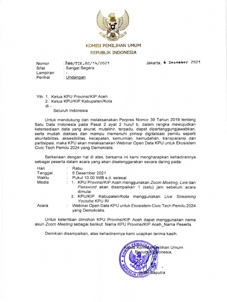 Undangan KPU Prov, Kab&Kota 8 Des 2021 | PDF