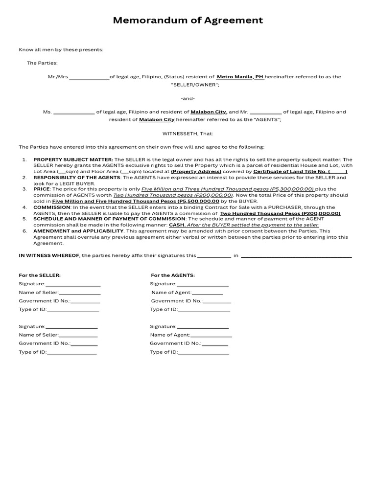 Blank Memorandum of Agreement | PDF | Sales | Economies