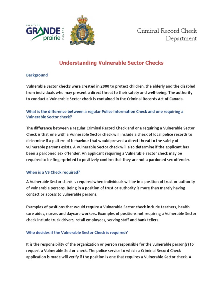 Understanding A Vulnerable Sector Check Our Vers | PDF | Criminal ...