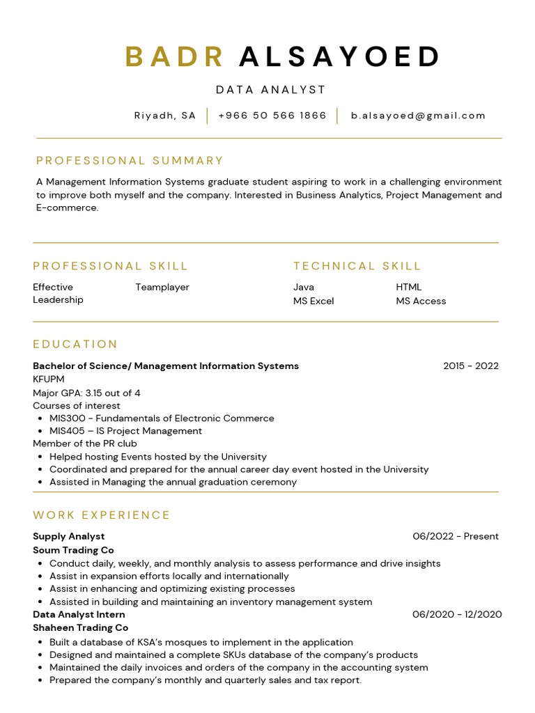 Data Analyst Resume - Badr Al Sayoed | PDF