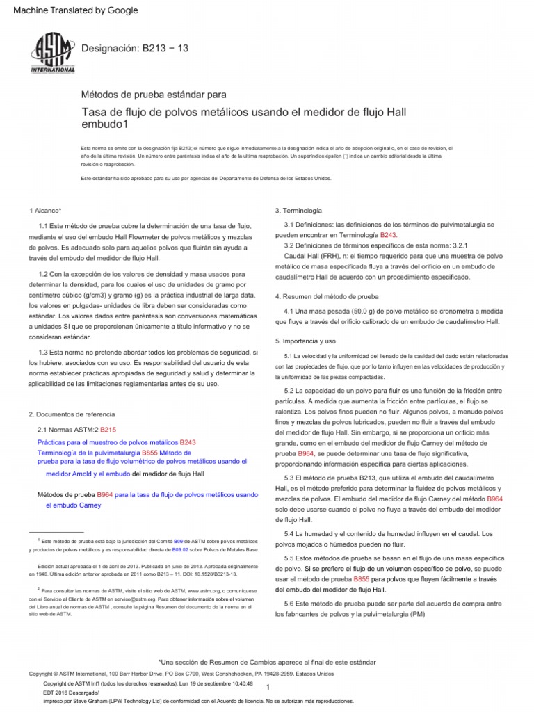 ASTM B213 Flow Rate of Metal Powders Using The Hall Flowmeter Funnel | PDF | Descarga ...