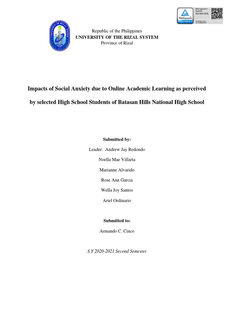 Impacts of Social Anxiety Due To Online Academic Learning As Perceived by Selected High School ...