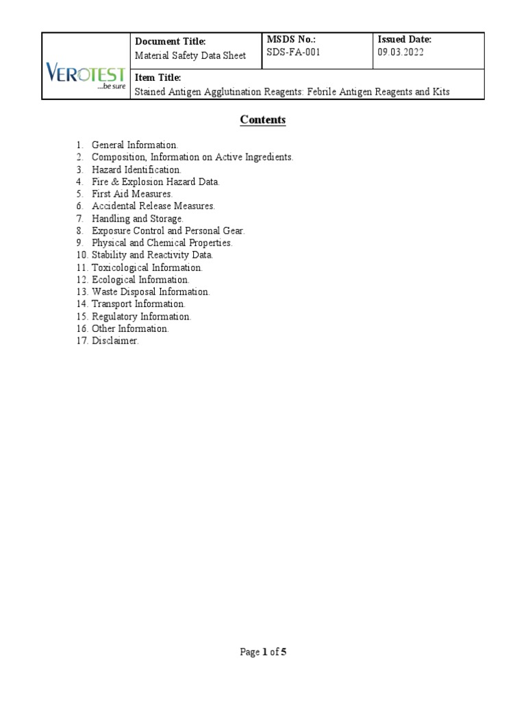 MSDS for Febrile Antigen Reagents | PDF | Hazards | Laboratories