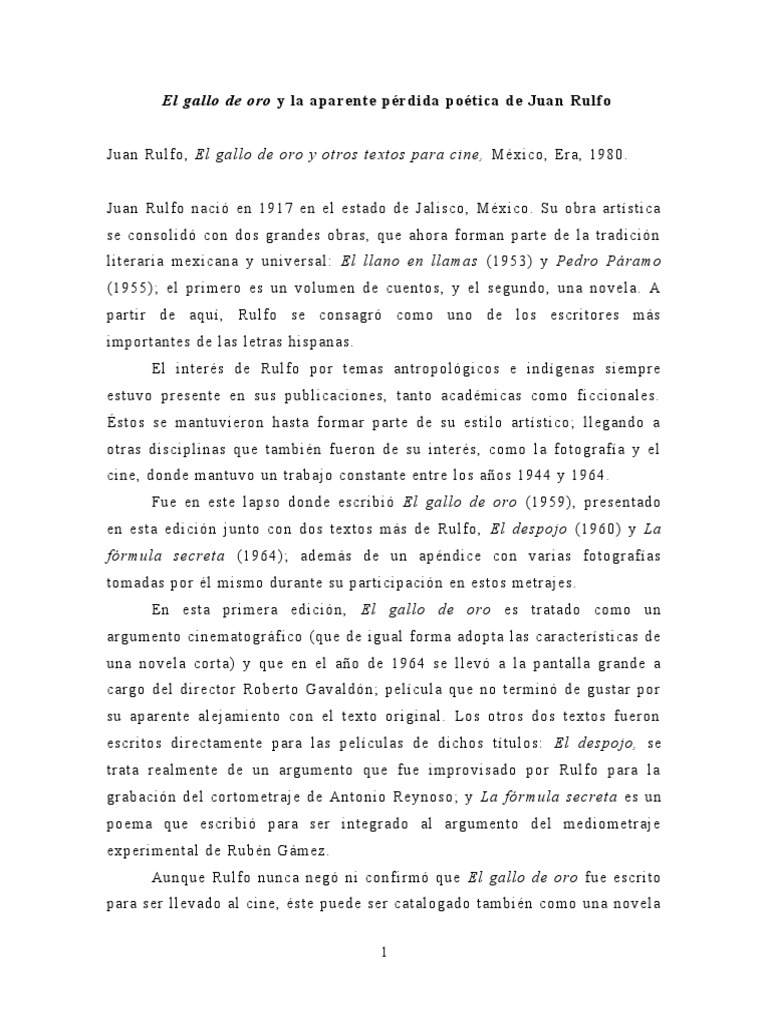 Análisis de "El gallo de oro" de Rulfo | PDF | Poesía | Ficción general
