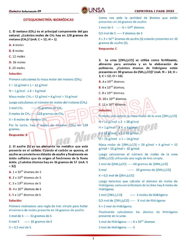 Práctica #09 Solucionario Química - Ceprunsa I Fase 2023 | PDF