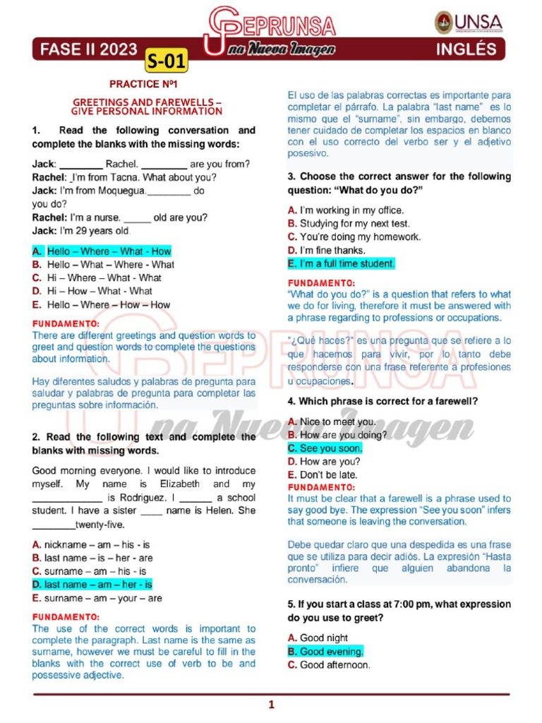 S - 01 Inglés Ceprunsa 2da Fase | PDF