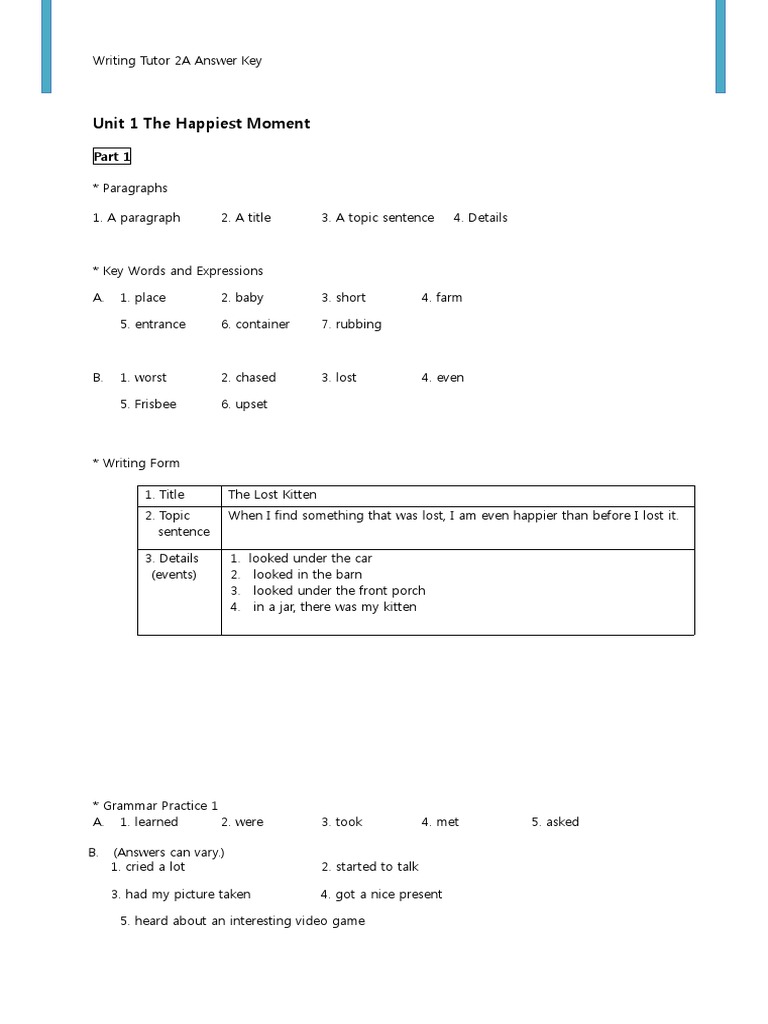 WritingTutor 2A Answer Key | PDF