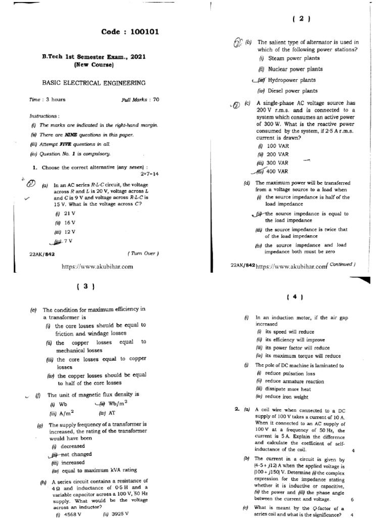 Btech 1 Sem Basic Electrical Engineering 100101 2021 | PDF Btech 1 Sem Basic Electrical Engineering 100101 2021 | PDF