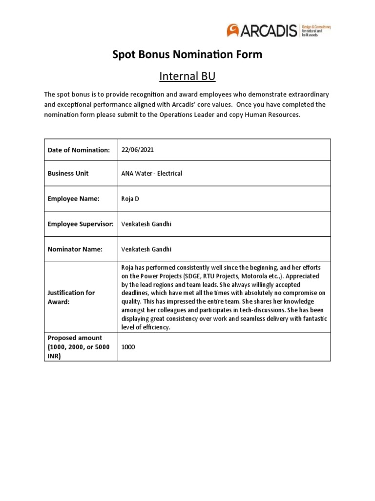 2021 GEC Spot Bonus Nomination Form - Roja | PDF