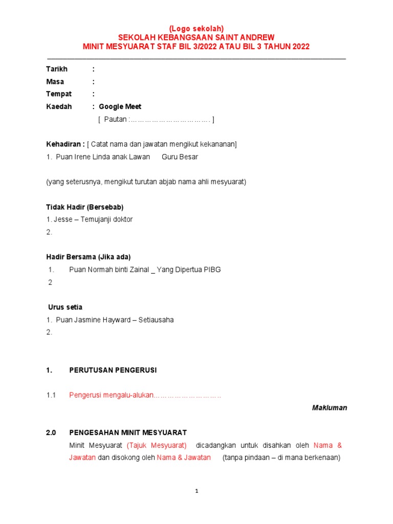 Contoh Format Minit Mesyuarat | PDF